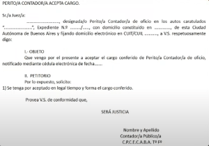 Modelo escrito Perito Contador acepta el cargo - CPN Gustavo Rojas